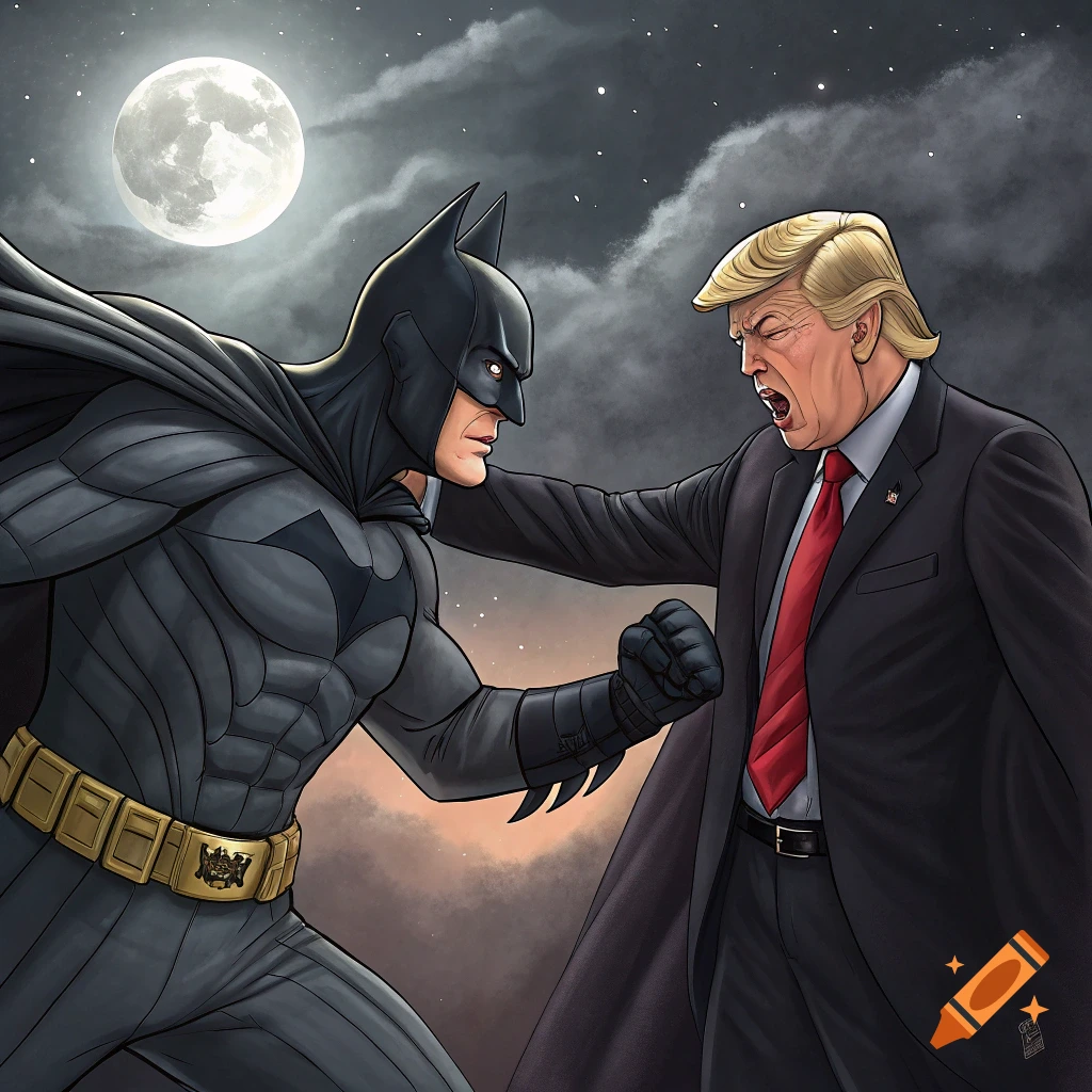 Cartoon illustration of Batman punching Donald Trump at night under a ...