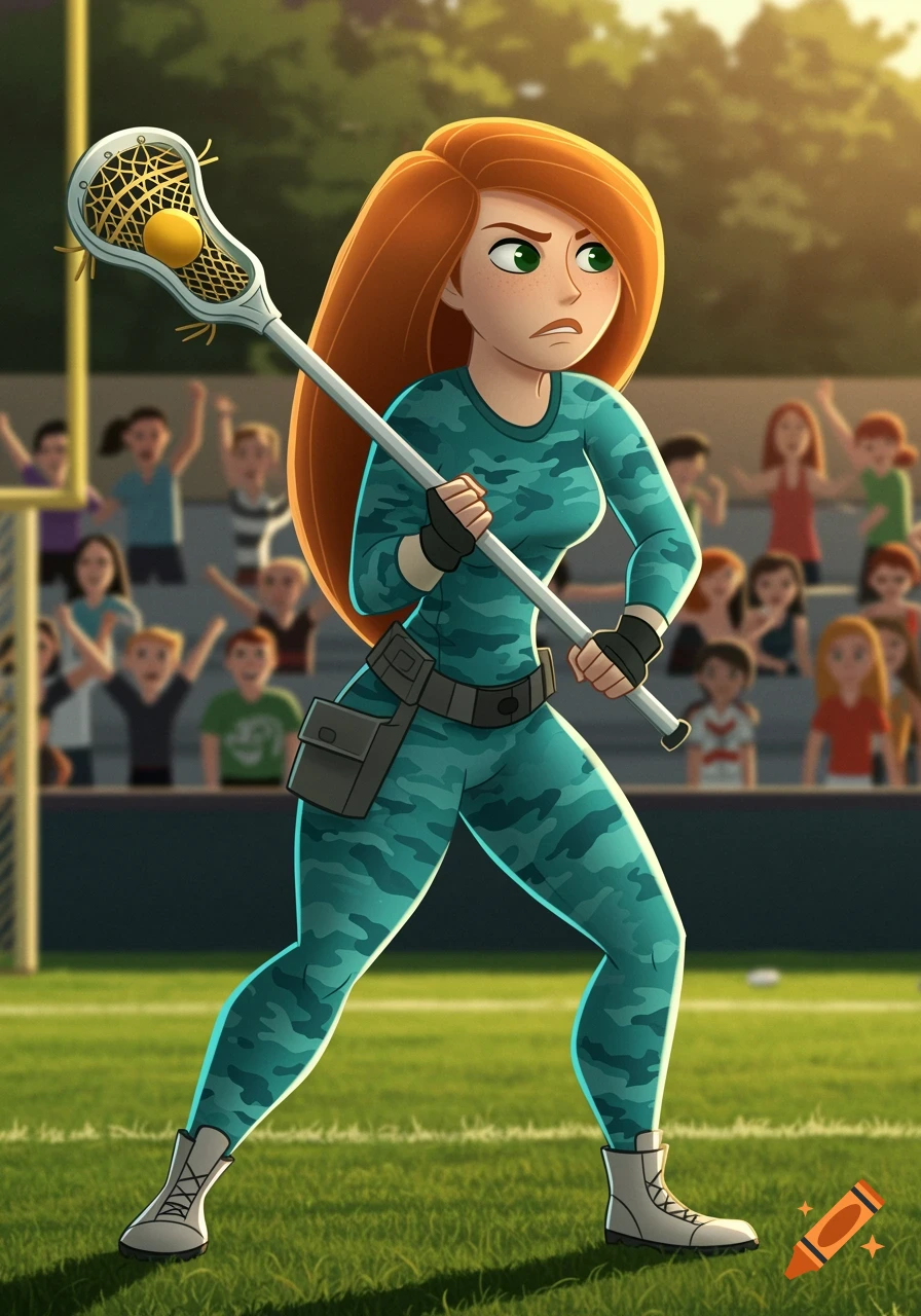 Kim Possible in cyan camo playing lacrosse on Craiyon