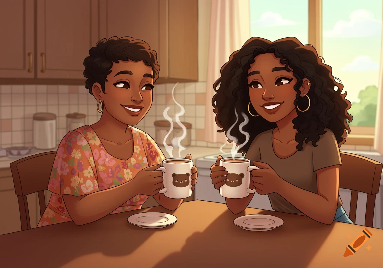 Two women smiling while having coffee in a cafe in an illustrative ...