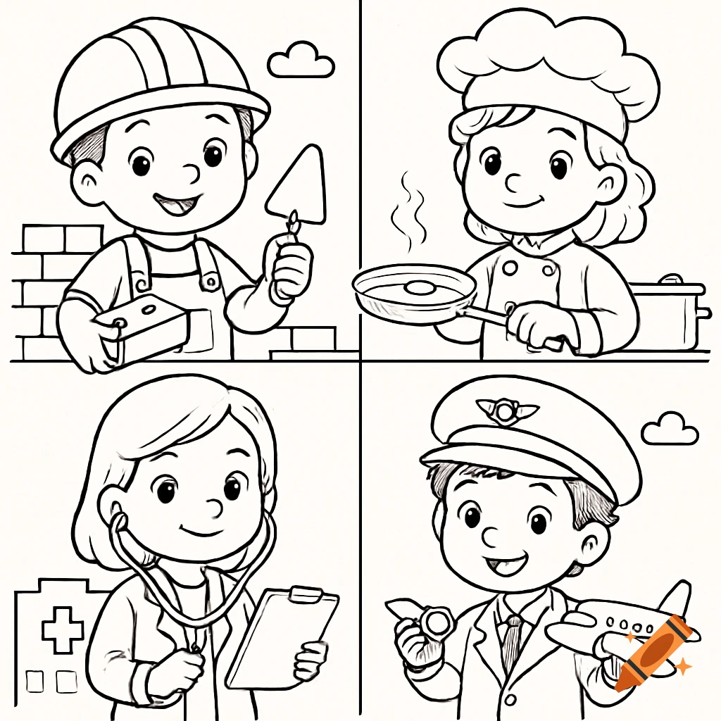 Four panel black and white drawing of cartoon kids as a construction ...