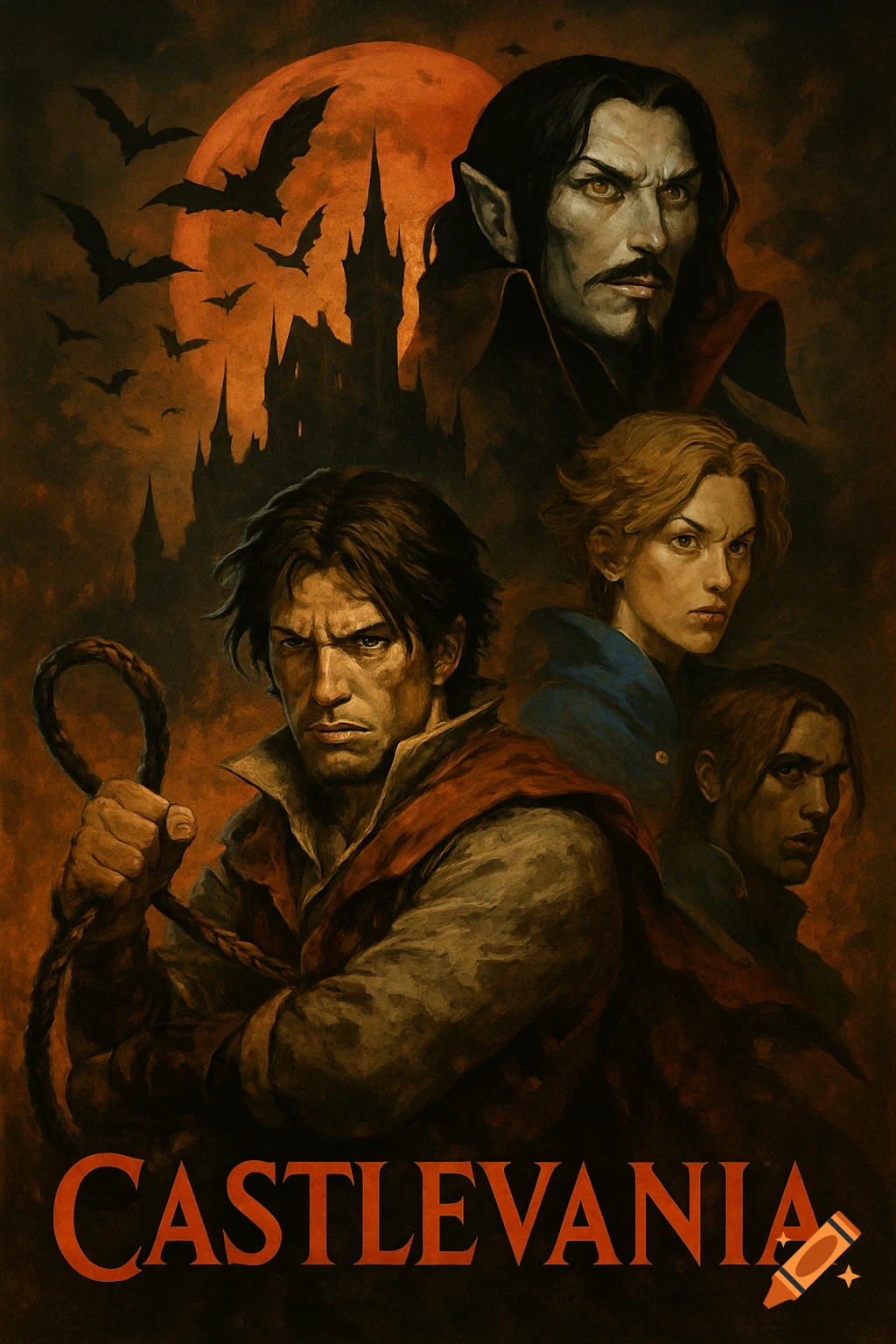 Poster for Castlevania with characters, gothic castle, bats, and orange ...