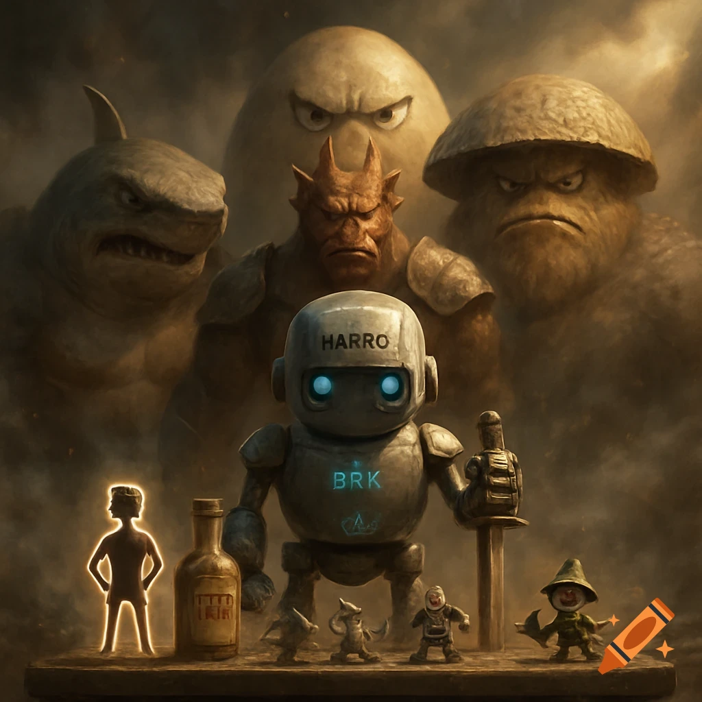 Digital painting of robot Harro on a battlefield with protectors and ...