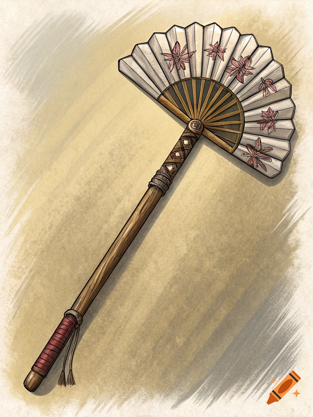 Illustration of a decorative war fan with a long wooden handle and ...
