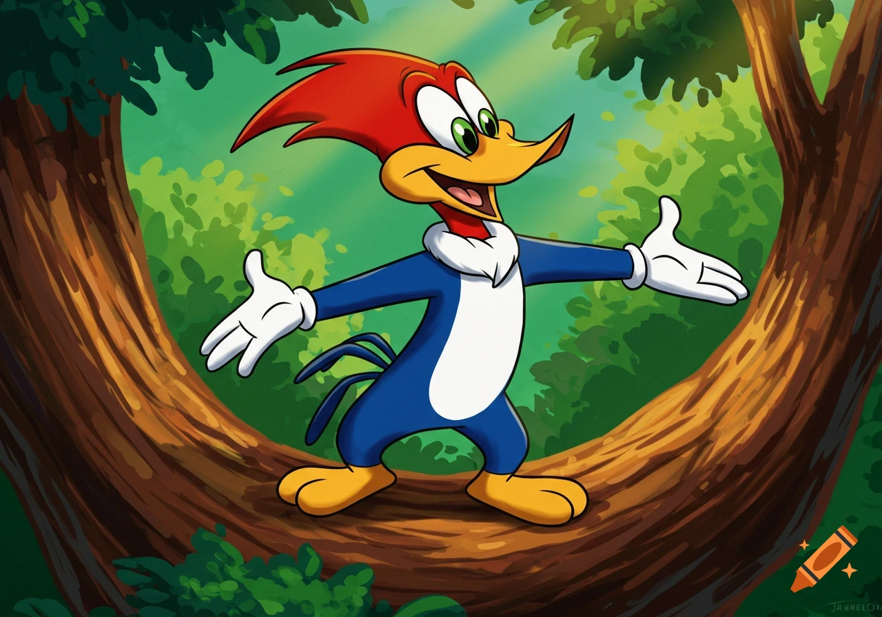 Woody Woodpecker stands on a tree branch, smiling with arms wide open ...