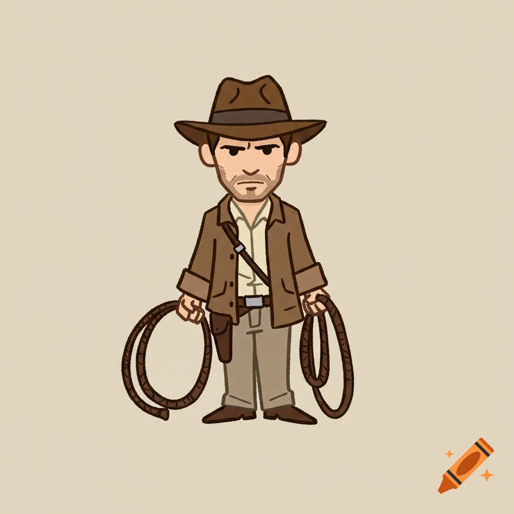 A simple cartoon style drawing of Indiana Jones holding two whips. on ...