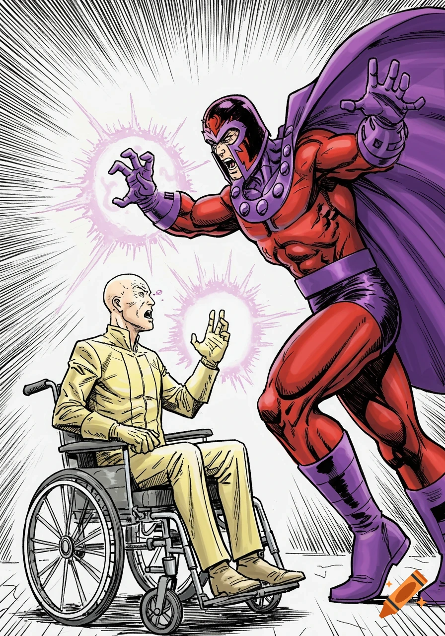 Comic art of Professor X in a wheelchair surrounded by X-Men characters ...