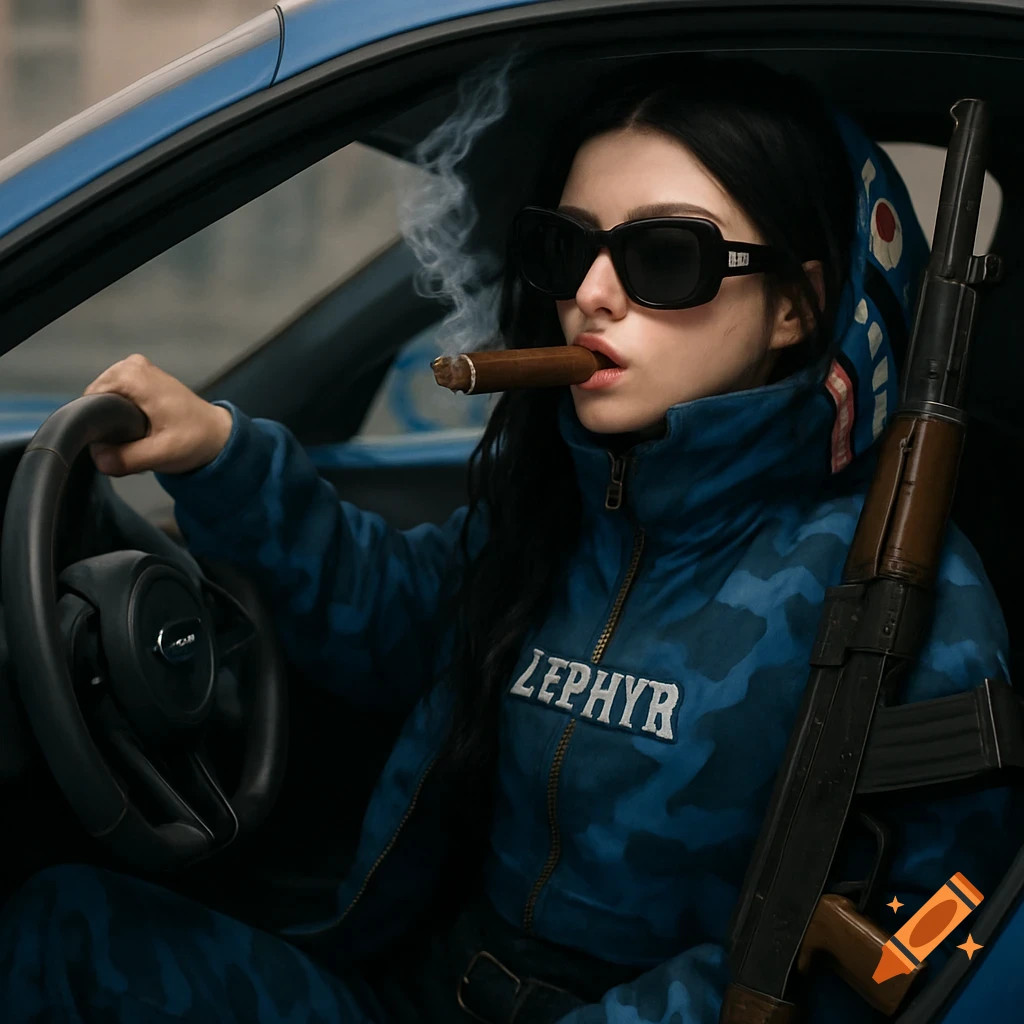 Girl in BAPE hoodie smoking, driving a McLaren Senna with a gun on Craiyon