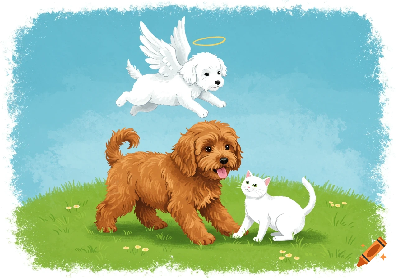 Cockapoo dog and white cat playing in green grass on Craiyon