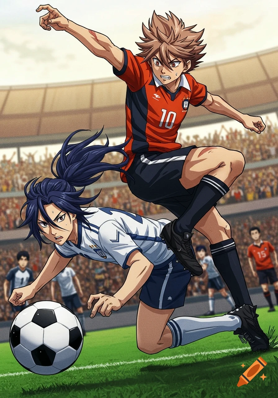 Anime style illustration of players competing for a soccer ball on a ...