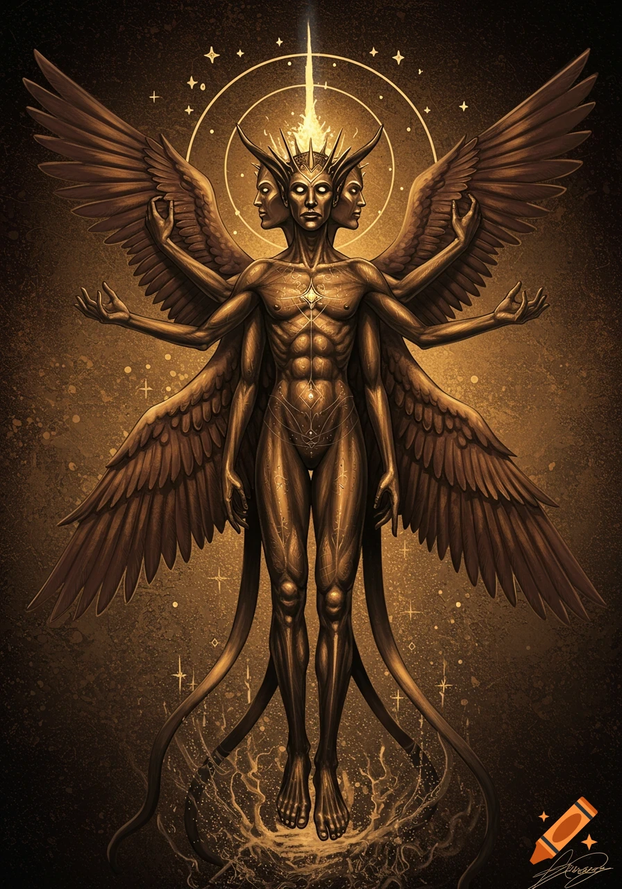 Humanoid figures with four faces and wings on Craiyon