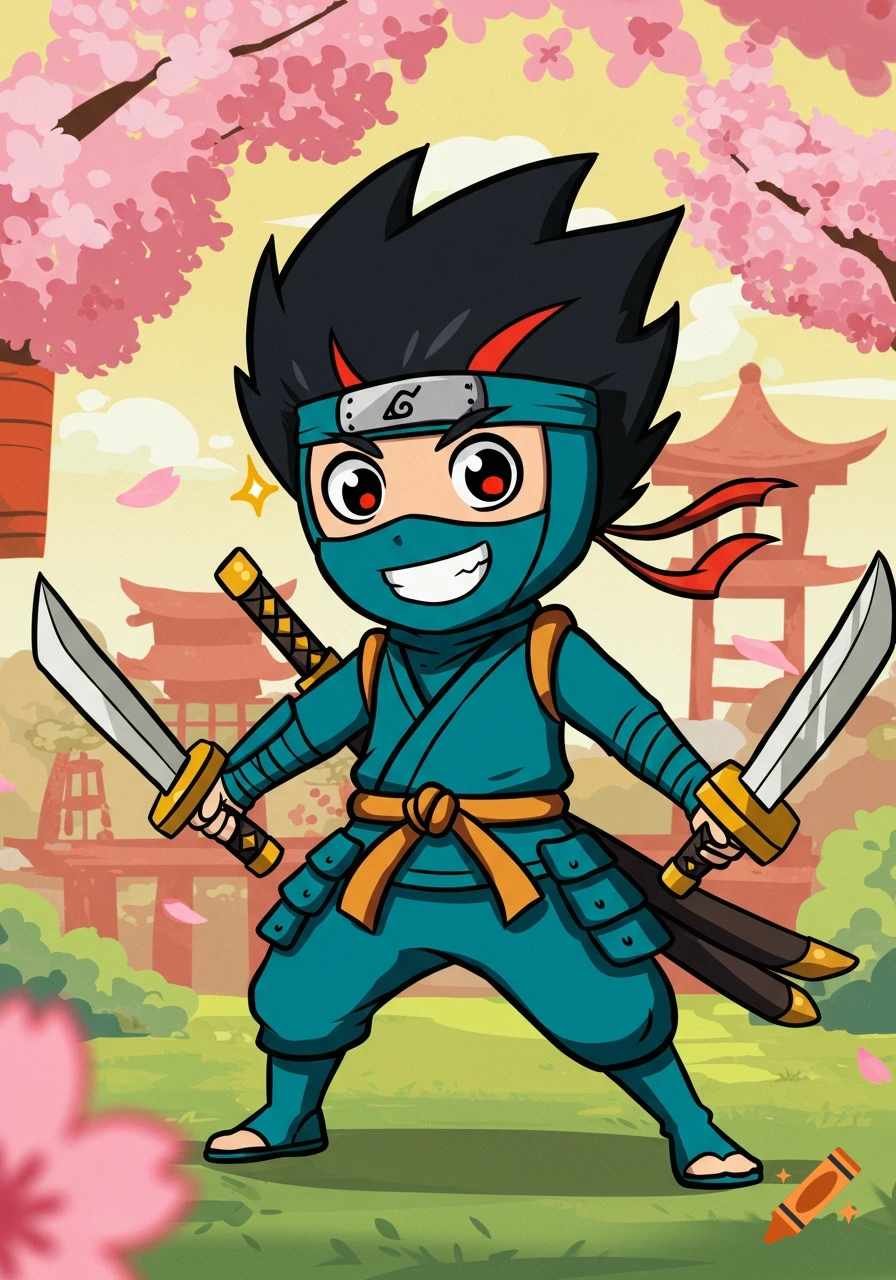 Pixar-style cartoon Ninja holding Mikado chocolate sticks in Japanese ...