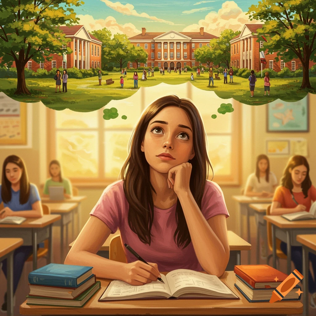 Teenage student dreaming of college in classroom on Craiyon