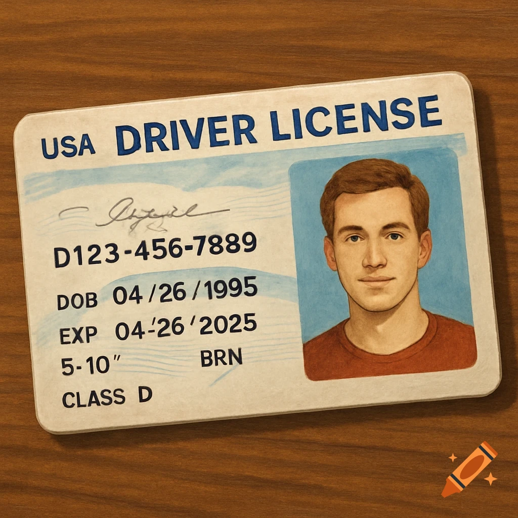 Realistic driver's license on a wooden table with a young woman's photo ...