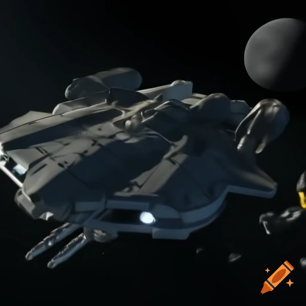 Derelict battleship-like spaceship drifting in space with damage and debris on Craiyon