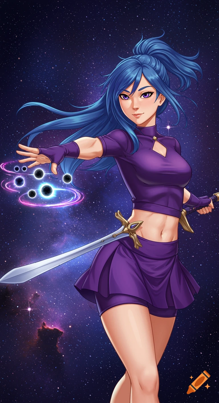 Anime character with long blue hair, violet crop top and skirt, holding ...