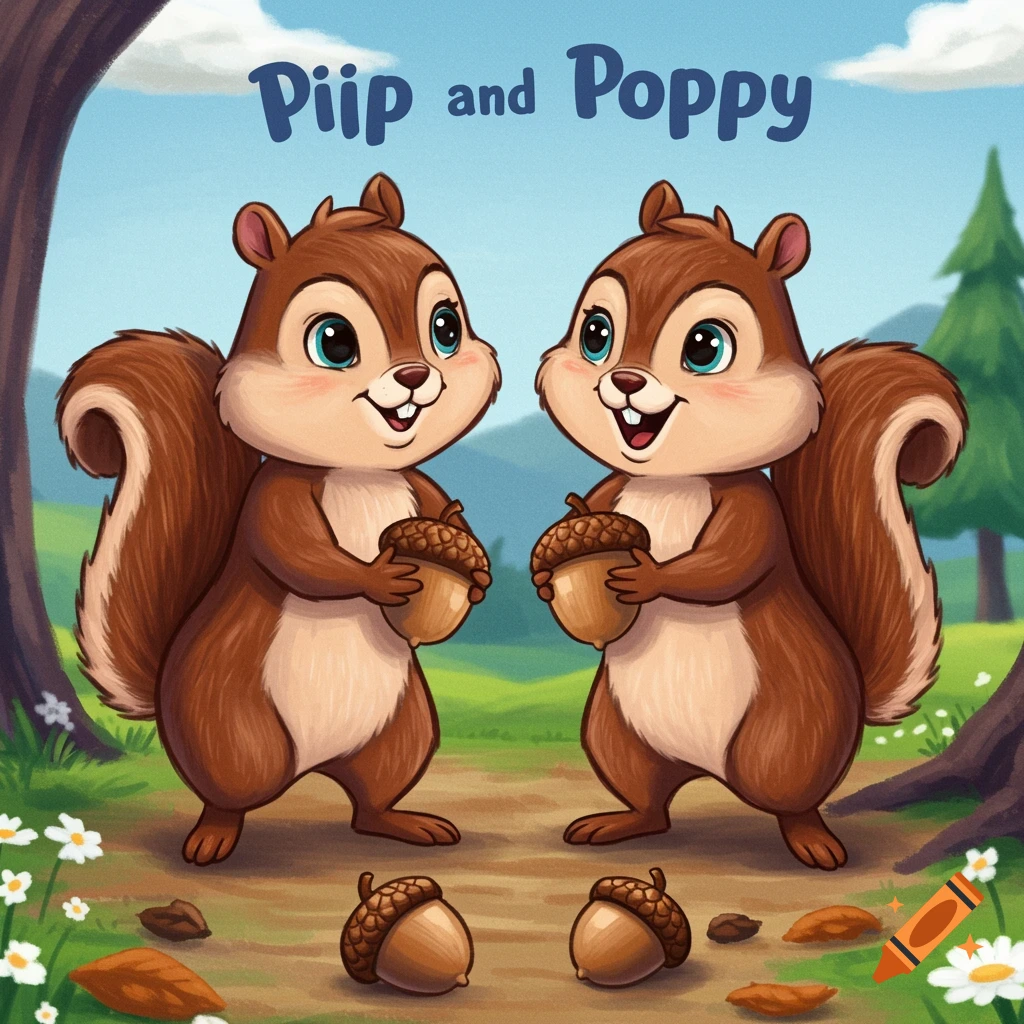 Cartoon of twin chipmunks, Pip and Poppy on Craiyon