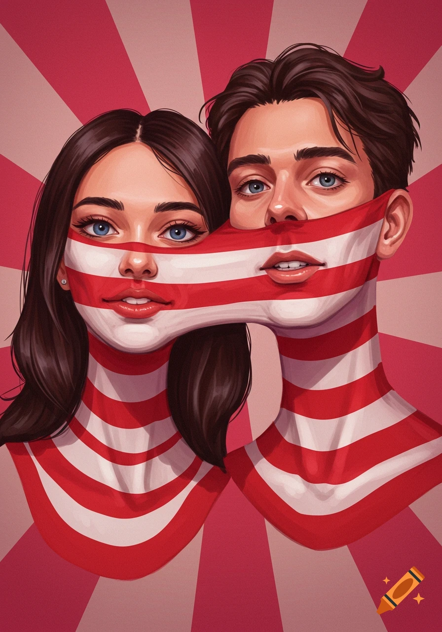 Two people with faces emerging from a red and white striped tube on Craiyon