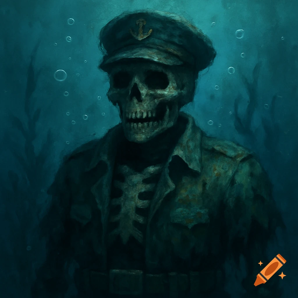 A skeleton in a captain's hat and jacket underwater. on Craiyon