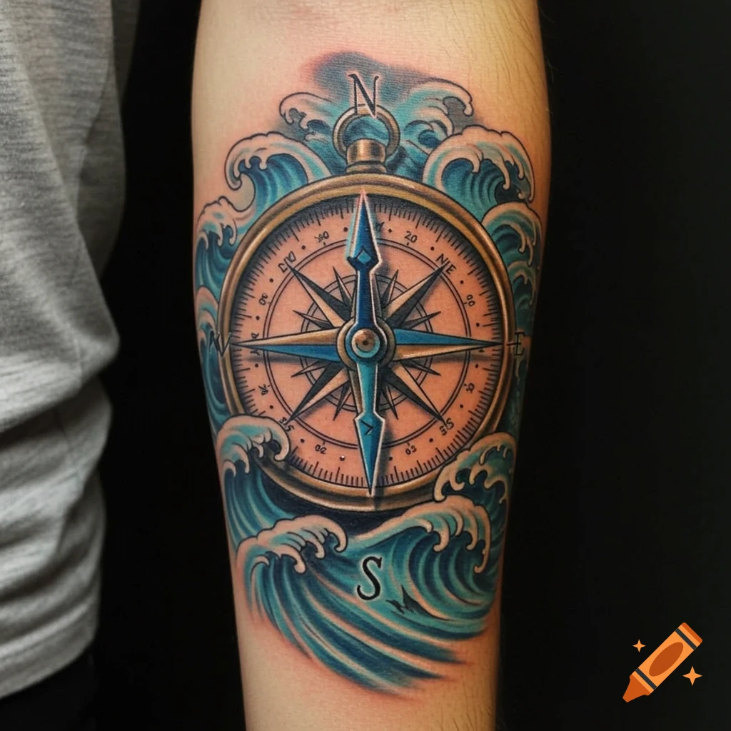 Nautical compass tattoo with blue waves on an arm. on Craiyon