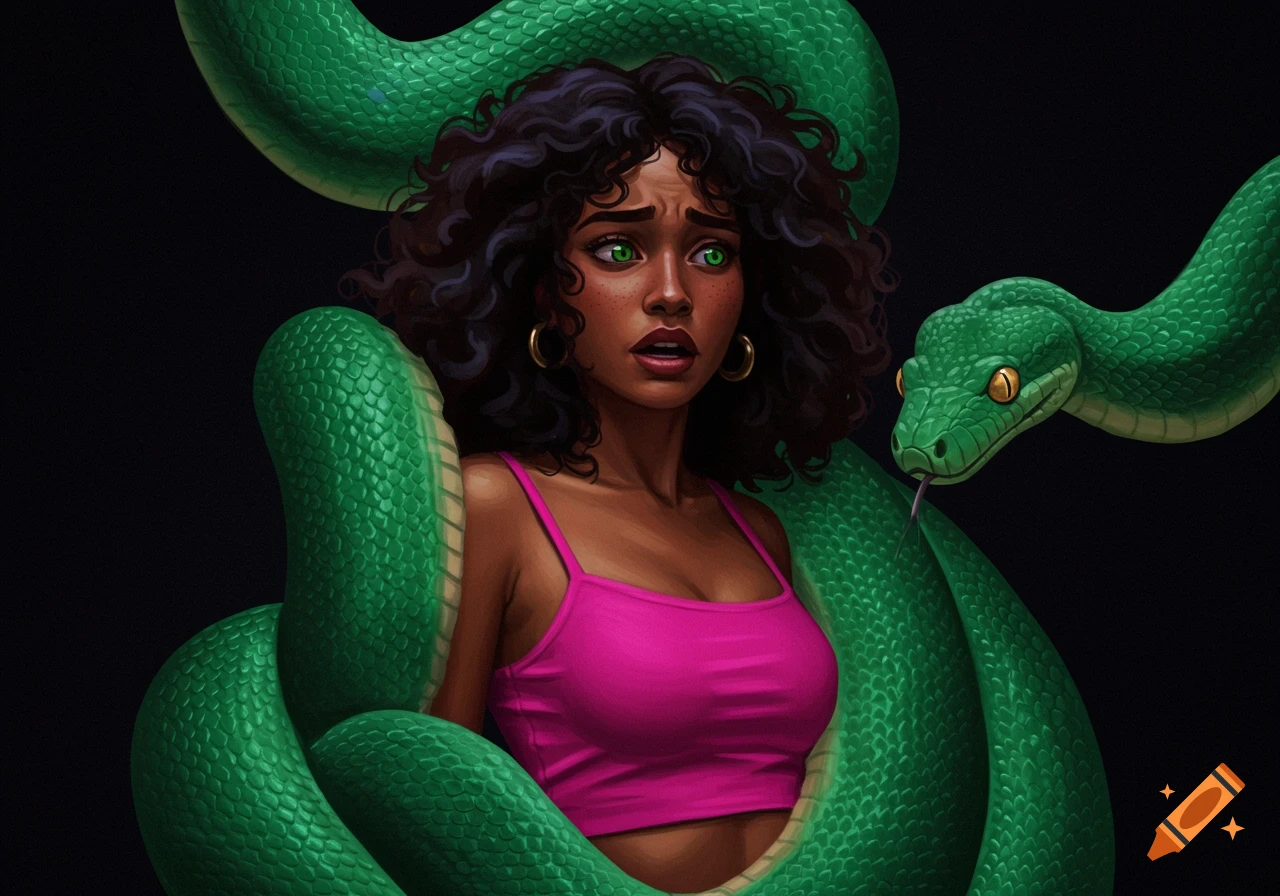 A woman in a crop top entangled in a snake on Craiyon