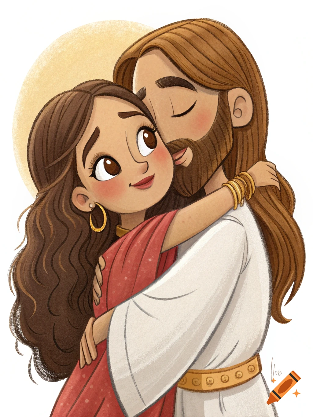 Cartoon of a tan girl with long brown hair hugging Jesus Christ on Craiyon
