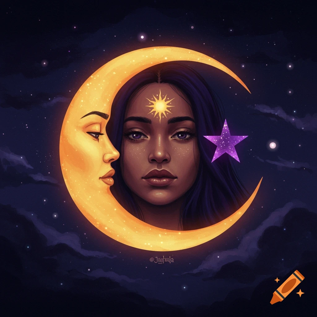 A crescent moon with a purple star and sun-like structure on a forehead ...