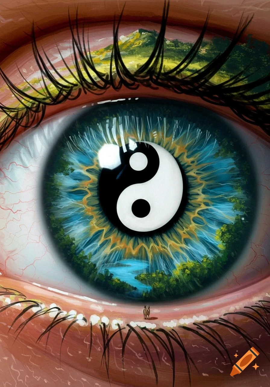Close-up of a human eye with a landscape in the iris and a yin yang ...