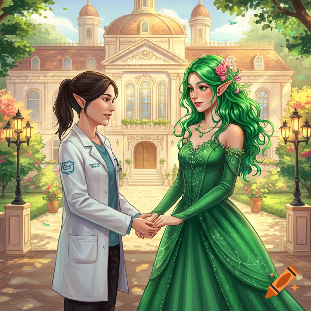 Fae princess with green hair holding hands with a human woman in a lab ...