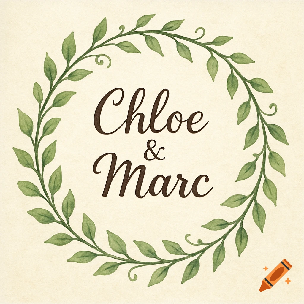 Watercolor style green leaf wreath with "Chloe & Marc" text in the ...