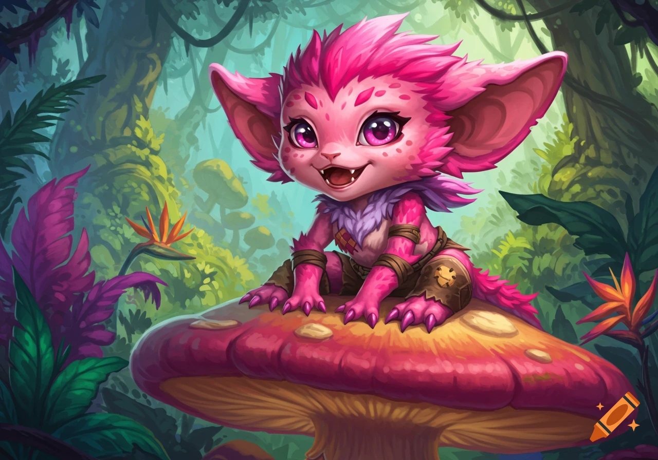 A cute pink fantasy creature with large ears sits on a giant mushroom ...