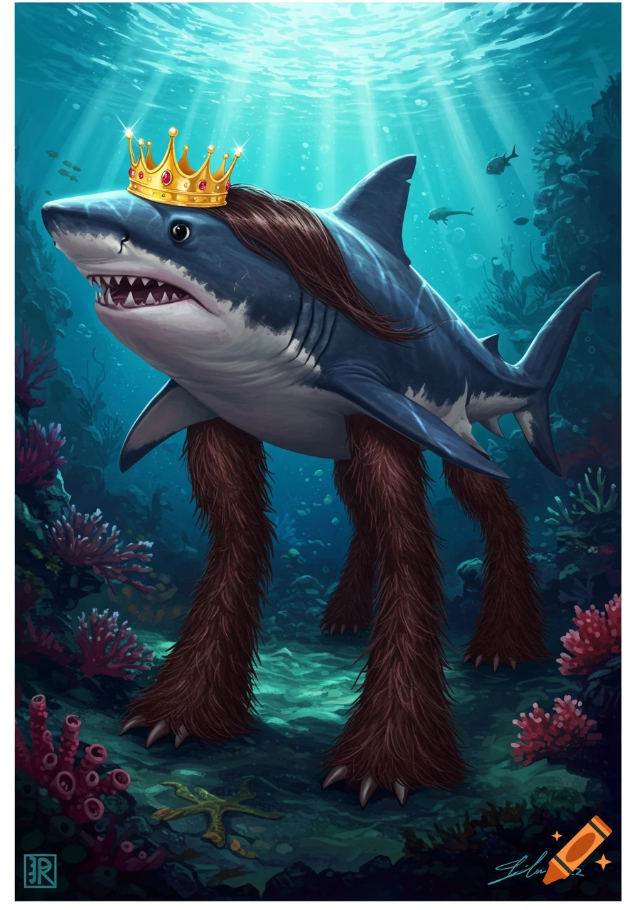 Illustrated shark with arms and legs holding a spear, jumping from ...