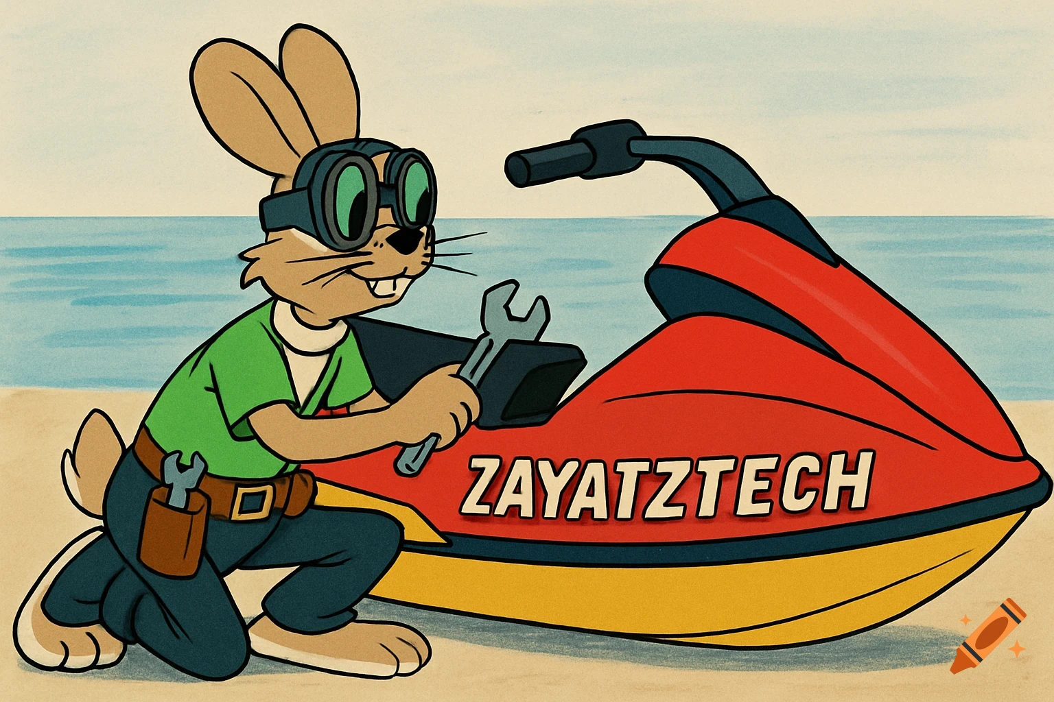 A cartoon rabbit mechanic in goggles and toolbelt fixes a jet ski on a ...