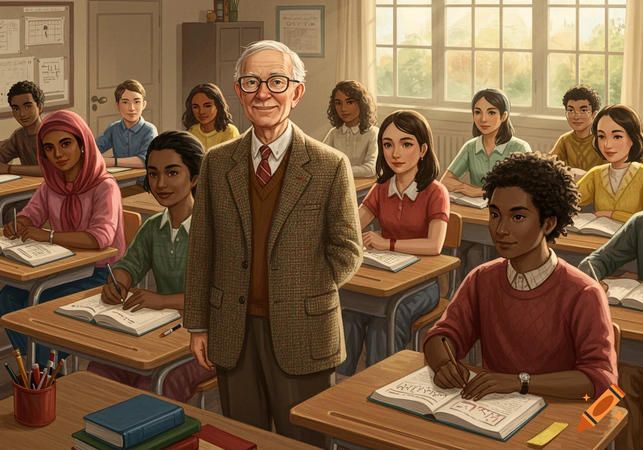 Smiling white-haired teacher with adult learners in classroom on Craiyon