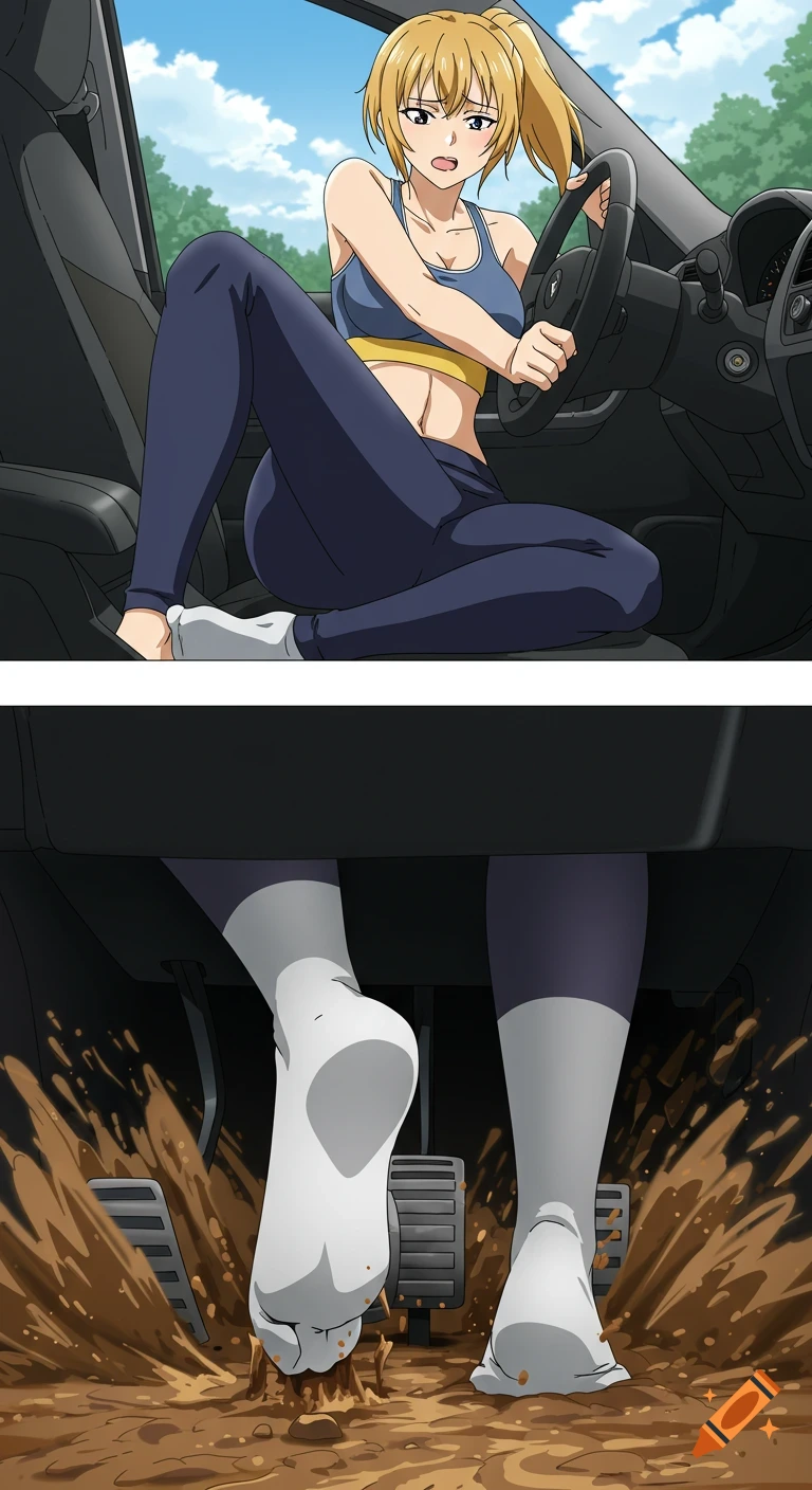Hot anime girl in car stuck in mud, pedal pumping in socks on Craiyon