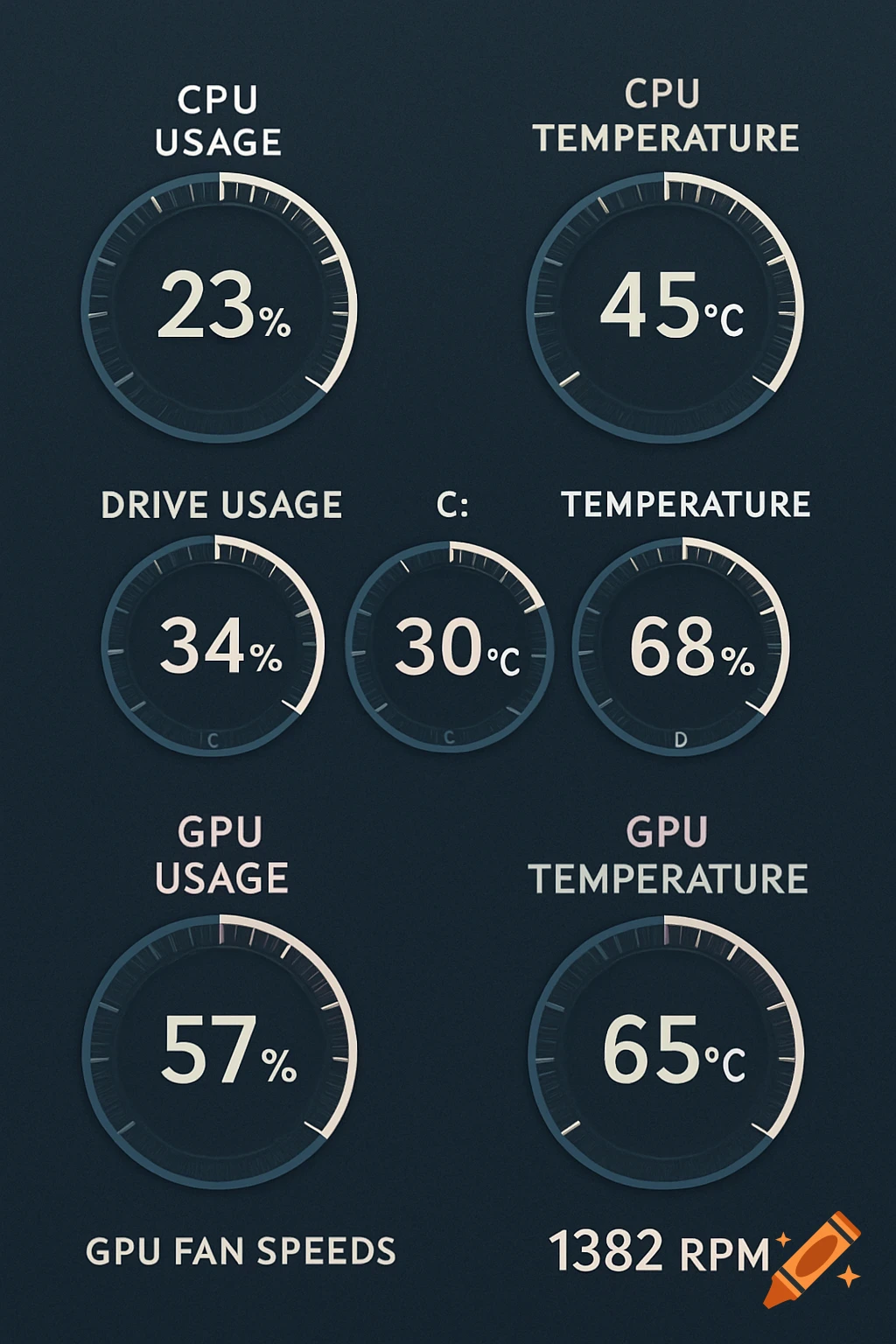 Computer sensor panel with gauges showing CPU, GPU, and drive ...