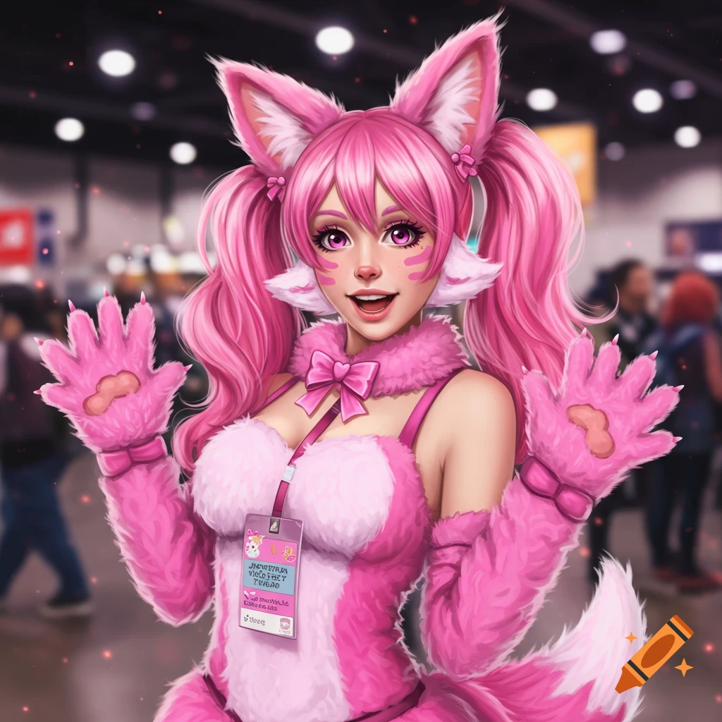 A woman in a pink furry fox cosplay at a convention. on Craiyon