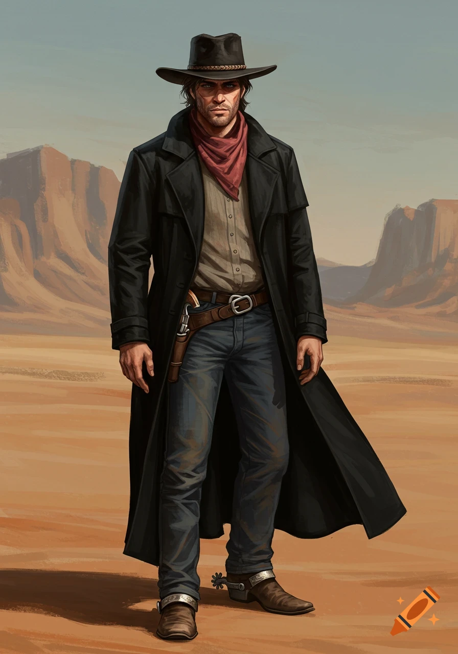 Man with weathered features, dark hair, and black duster coat. on Craiyon