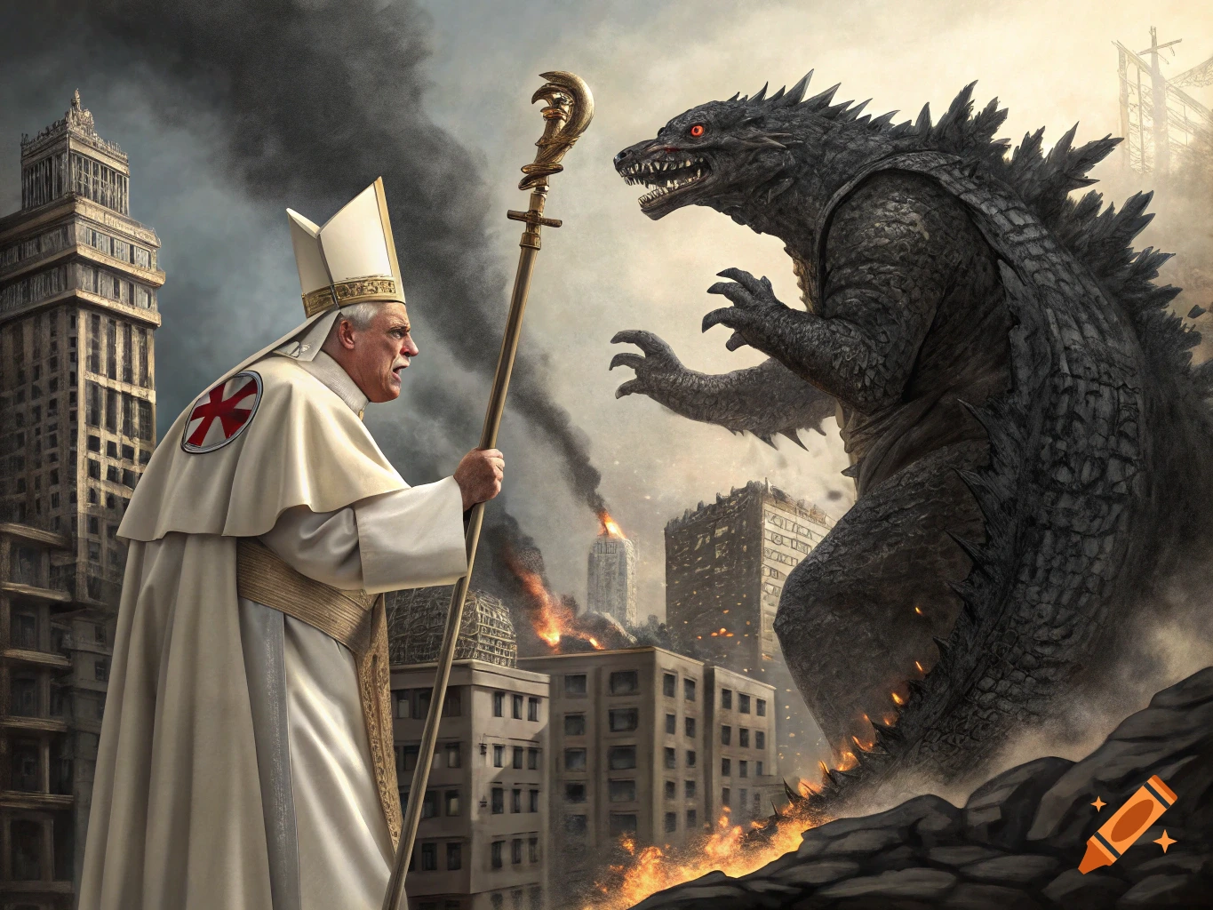 Donald Trump faces off against Godzilla in a burning city with meteors ...