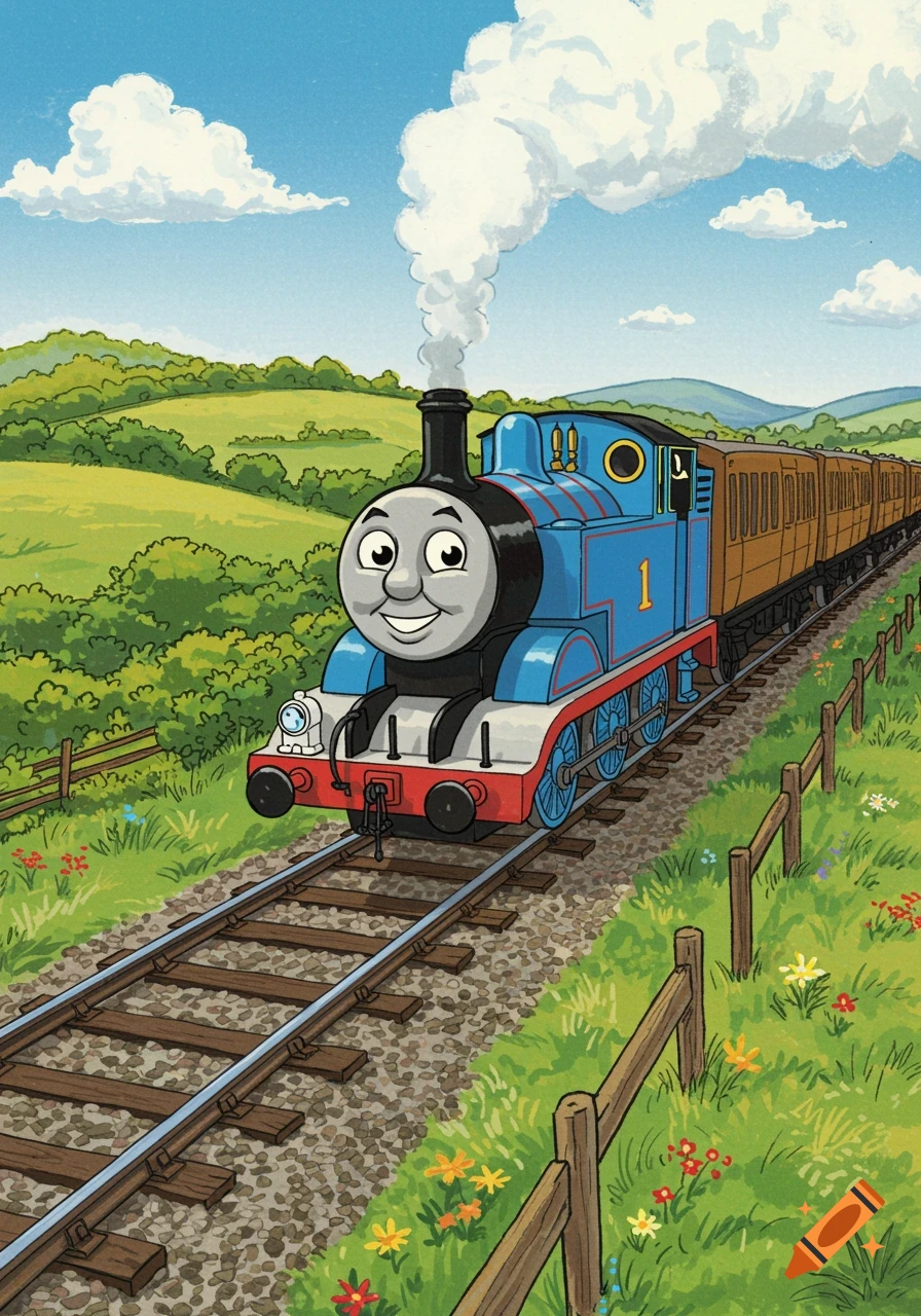 Thomas the Tank Engine, photorealistically rendered, stuck in black tar ...