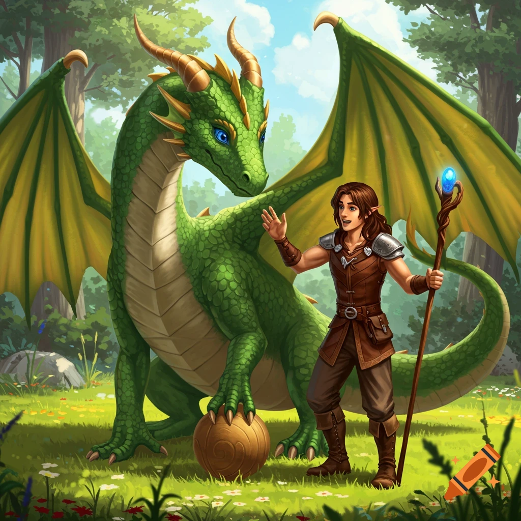 A green dragon and a person stand in a sunny forest clearing on Craiyon