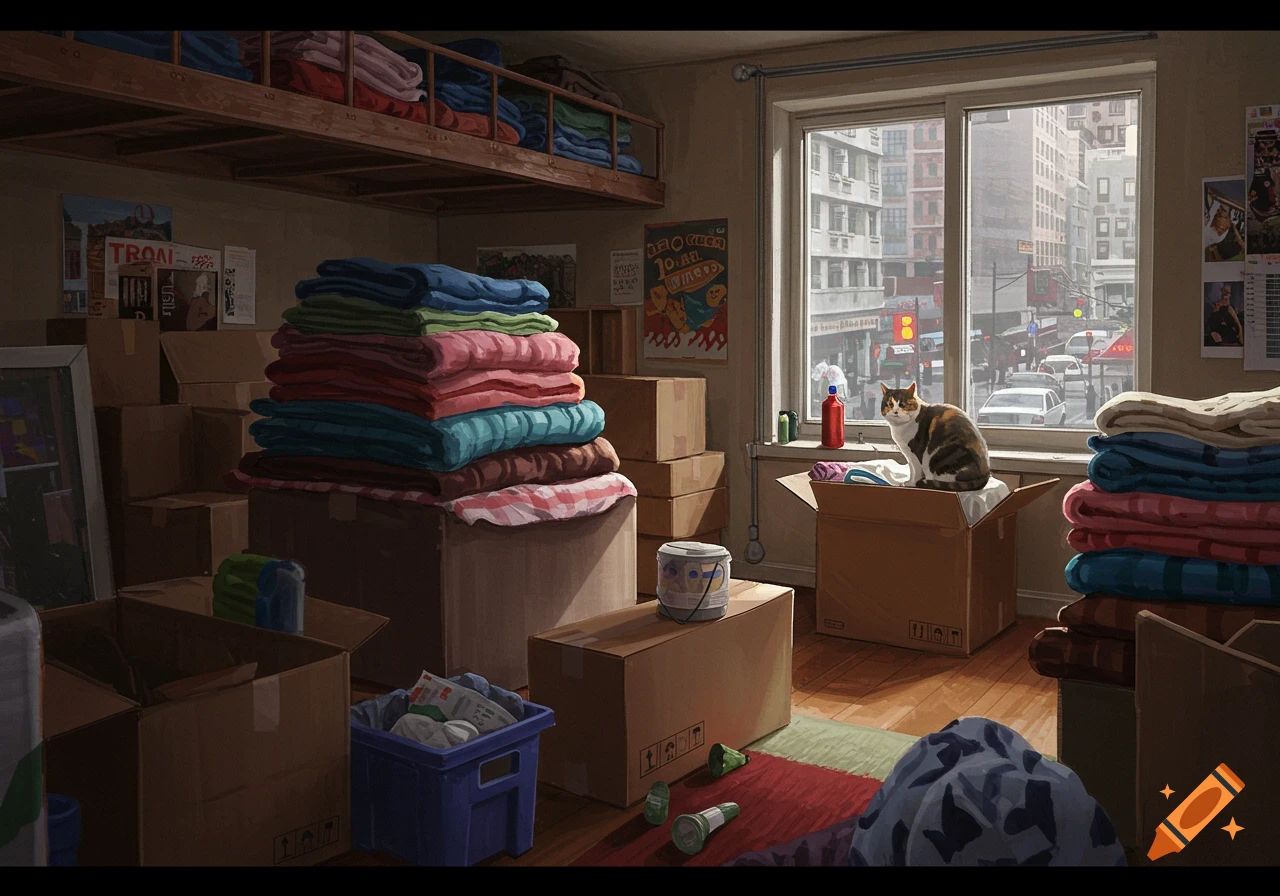 A messy room filled with moving boxes, a cat sitting on a box by a ...