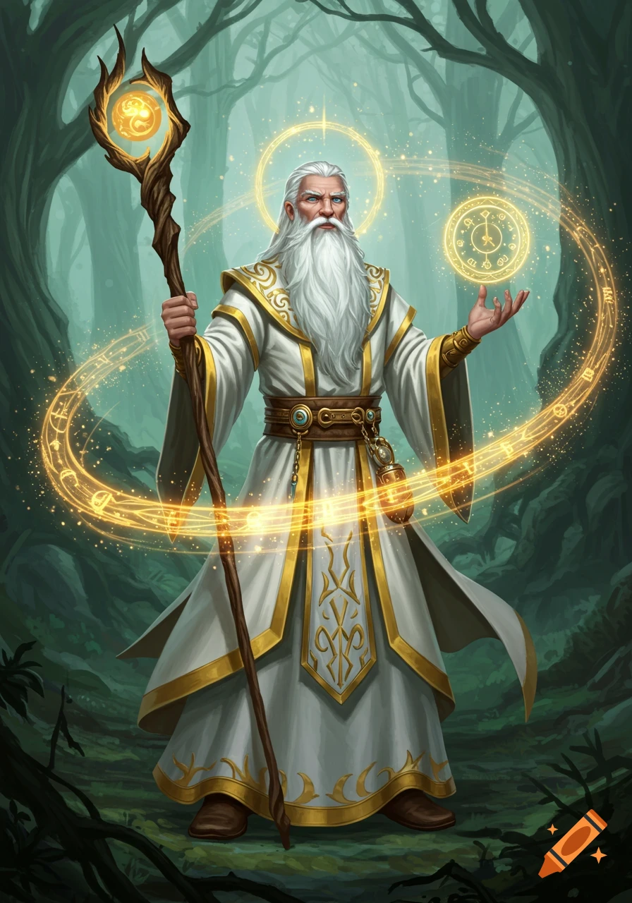 A fantasy portrait of a bearded king with a crown and staff in a forest ...