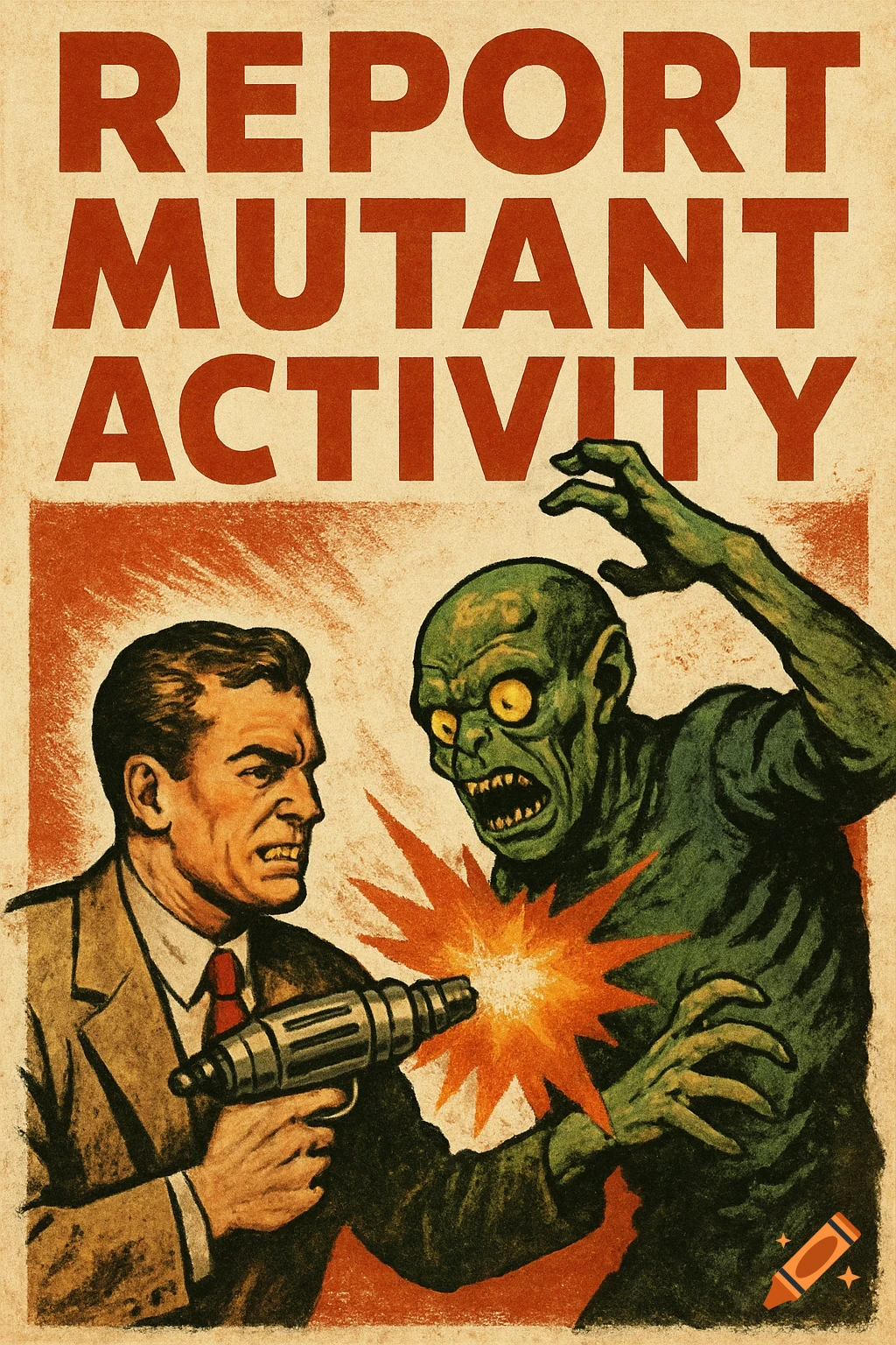 1950s sci-fi propaganda poster, Report Mutant Activity on Craiyon