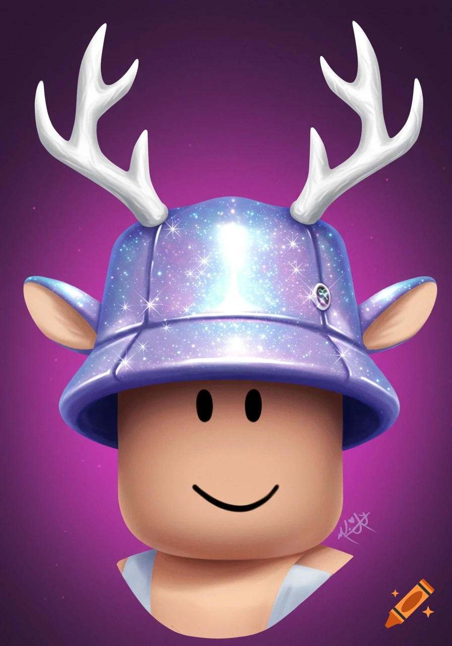 A Roblox character wearing a sparkly purple hat with white antlers. on ...