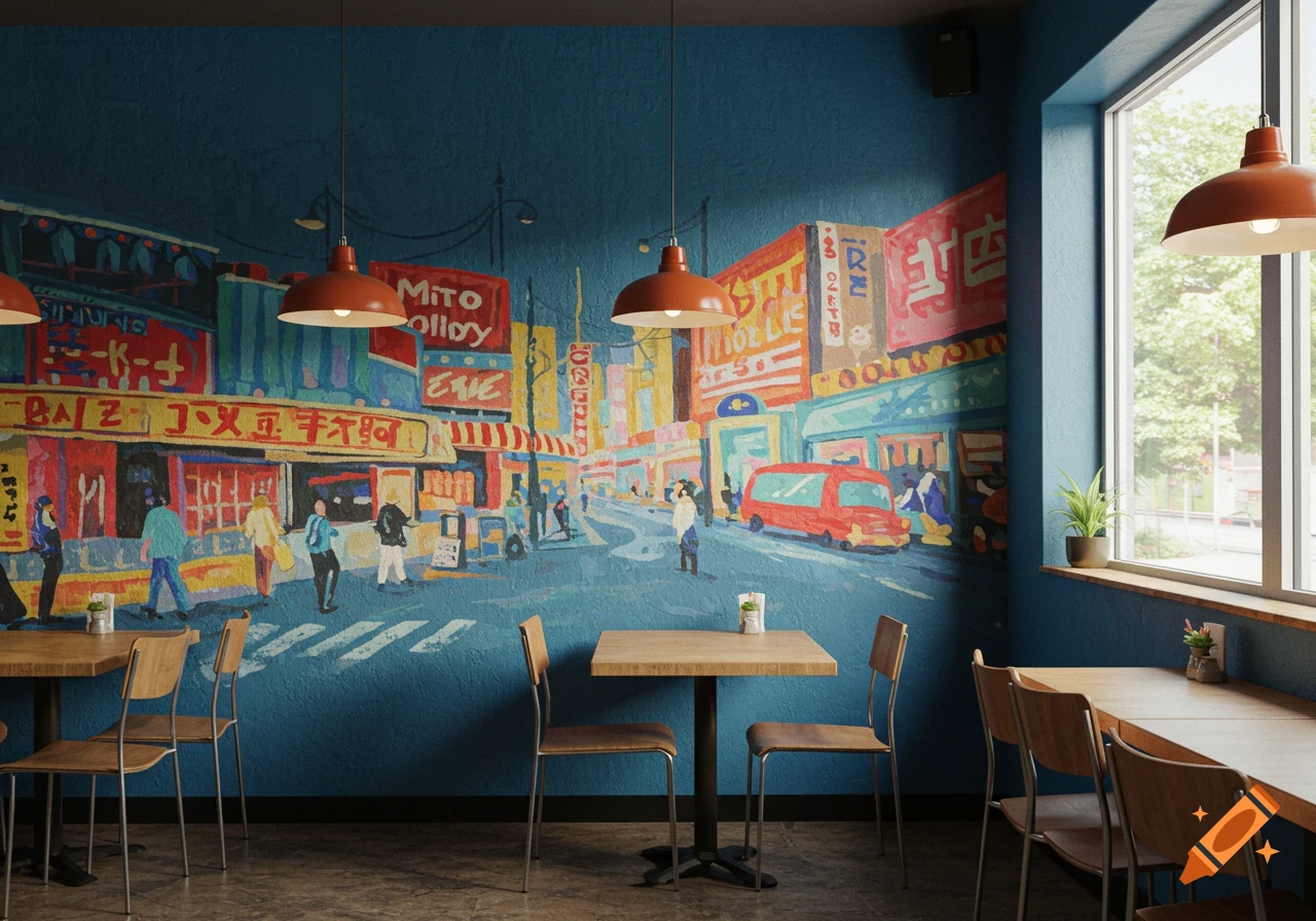 A vibrant street scene populated with cartoon-style shops, bustling people, and cozy cafes. on ...