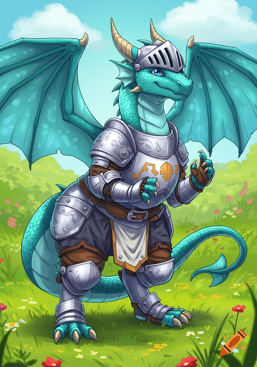 Turquoise dragon in paladin armor illustration on Craiyon