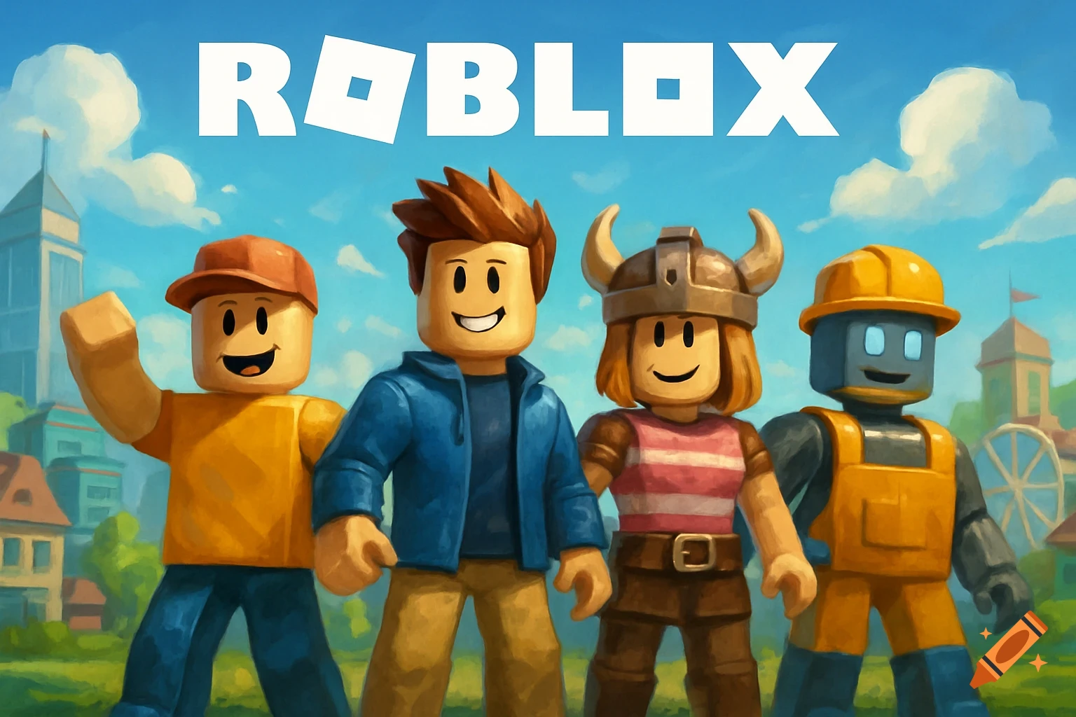 A cartoon Roblox character holds a large paintbrush covered in colorful ...