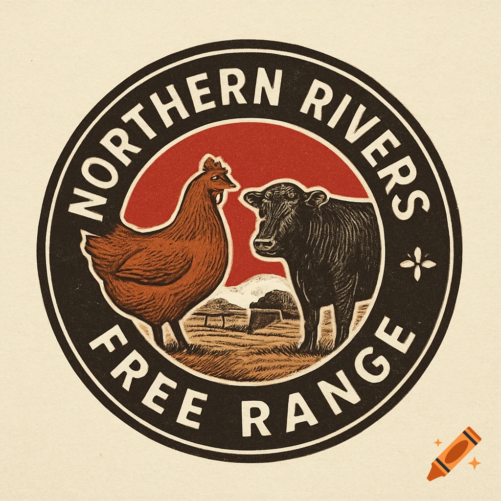 Northern Rivers Free Range vintage logo with hen and cow on Craiyon