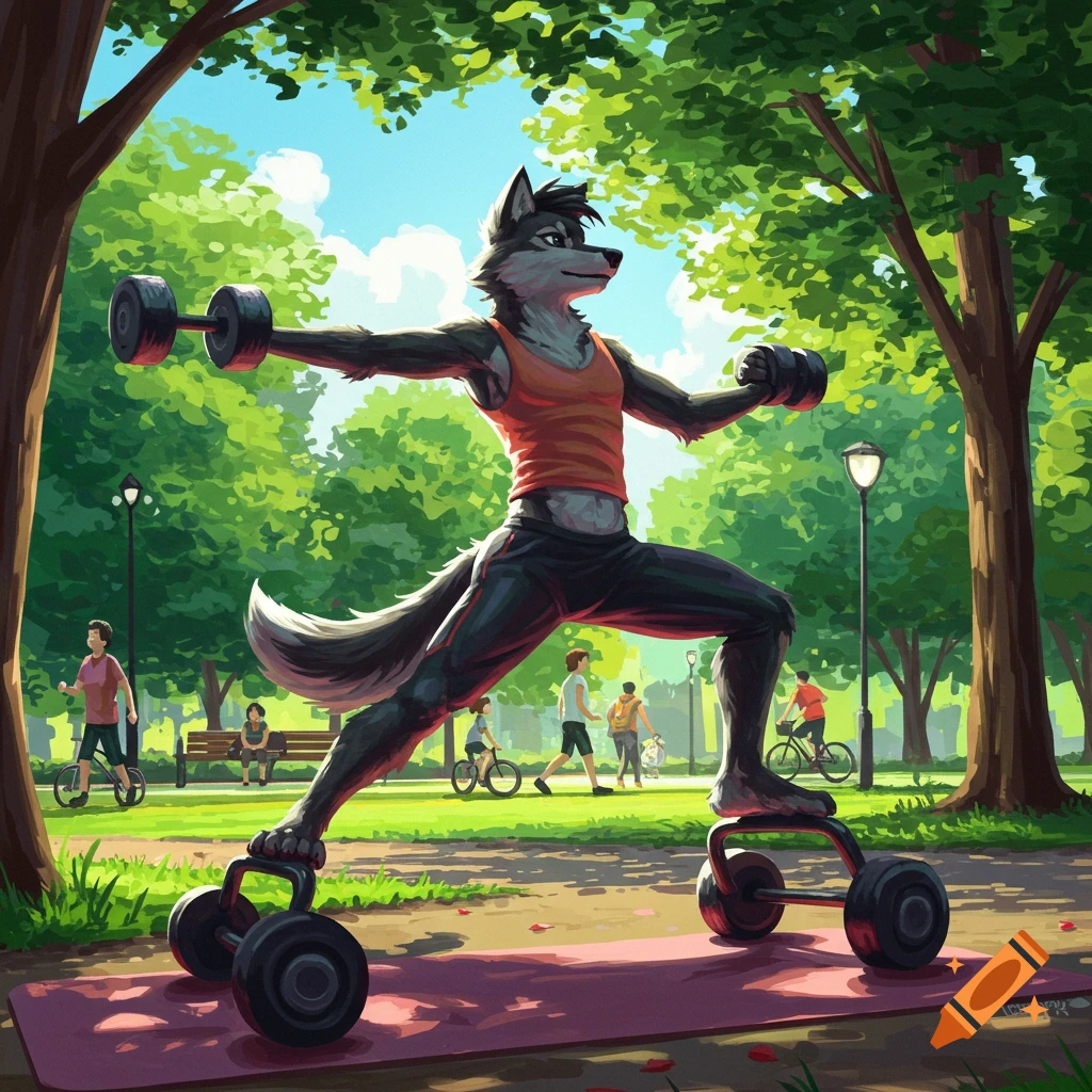 A wolf-like furry character does a lunge exercise with rolling ...