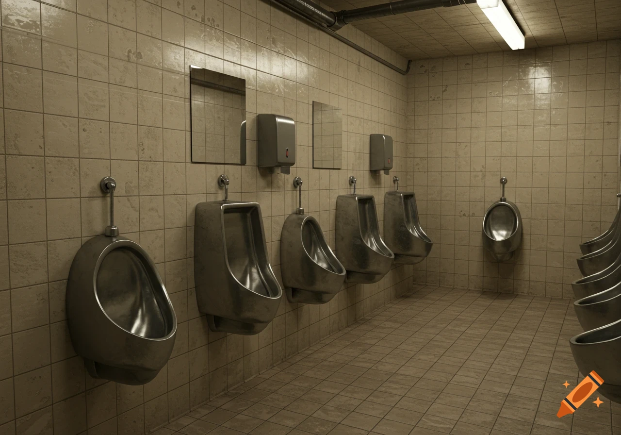 Australian male bathroom with urinal troughs on Craiyon